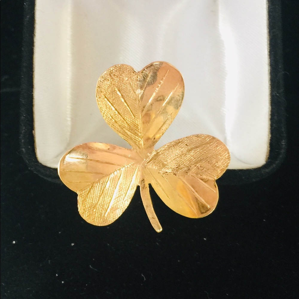 Vintage Lucky 9k Gold Three Leaf Clover Brooch - Gem